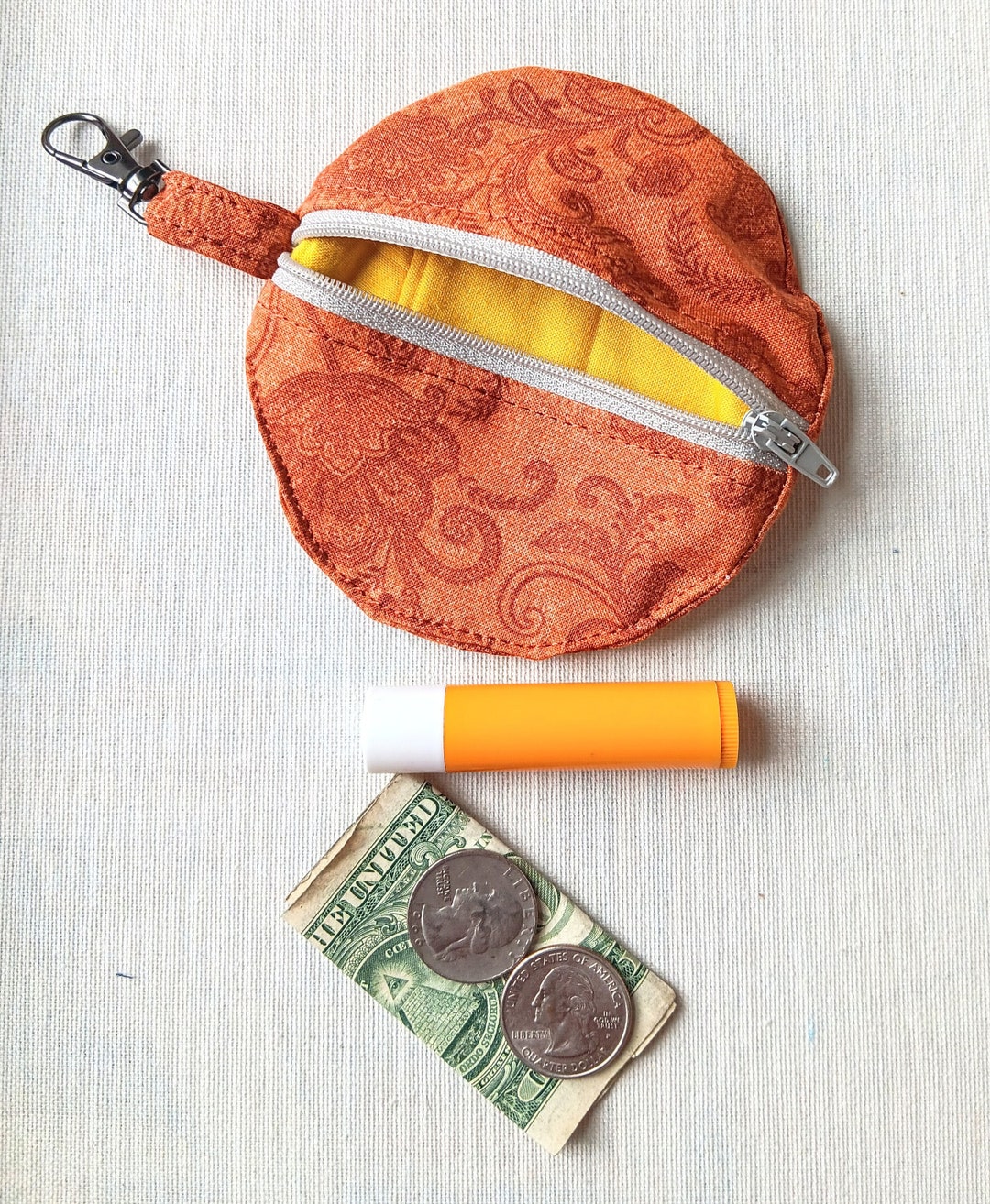 Orange Coin Purse With Zipper Closure Pouch With Swivel Clip Small Bag ...