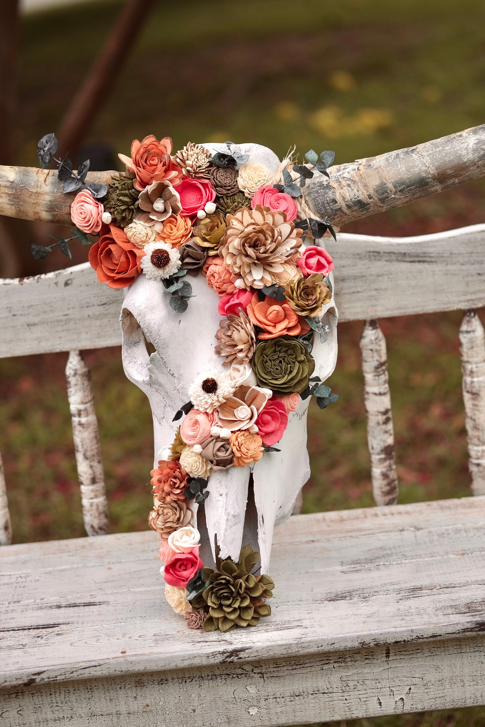 Real Cowhead Skull With Wood Flowers / Real Steer Skull With - Etsy