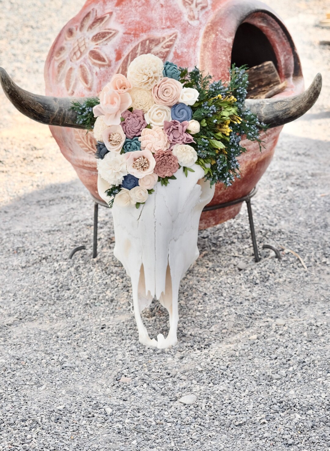 Real Cowhead Skull With Wood Flowers / Real Steer Skull / Real Longhorn ...