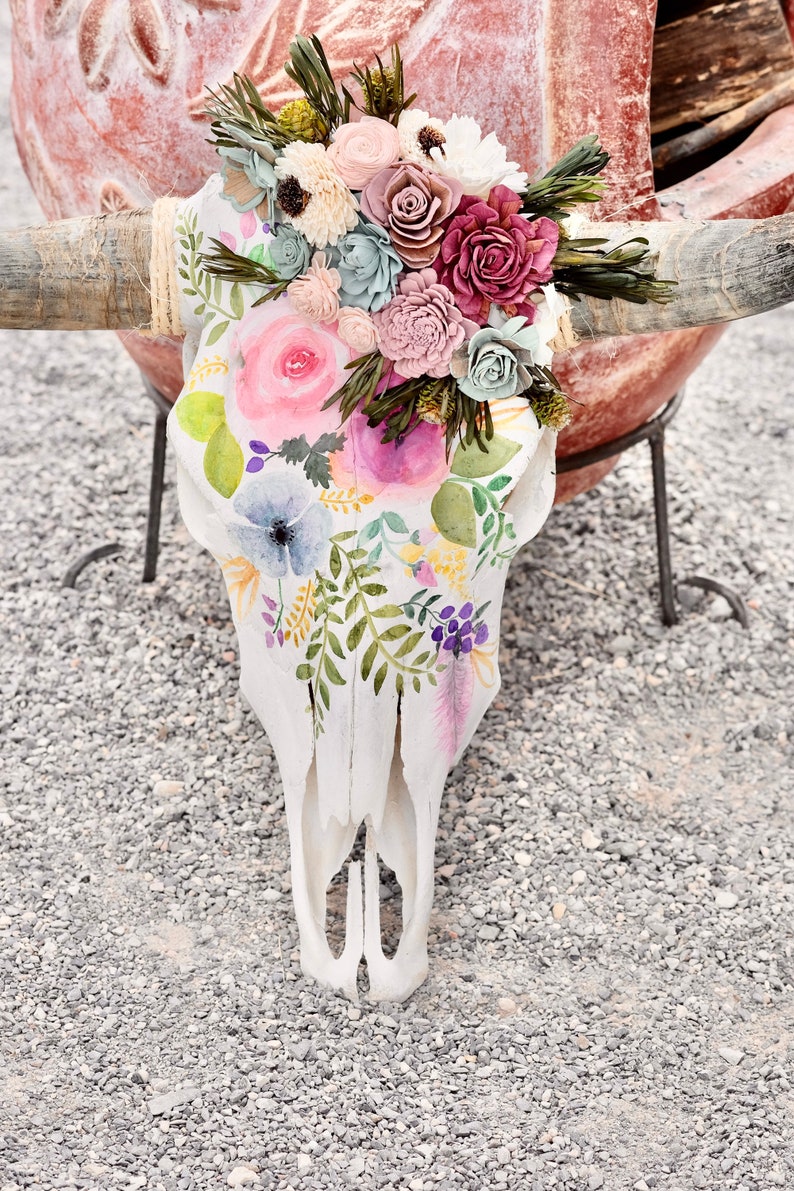 Real Cowhead skull With watercolor art and Wood Flowers / Real | Etsy