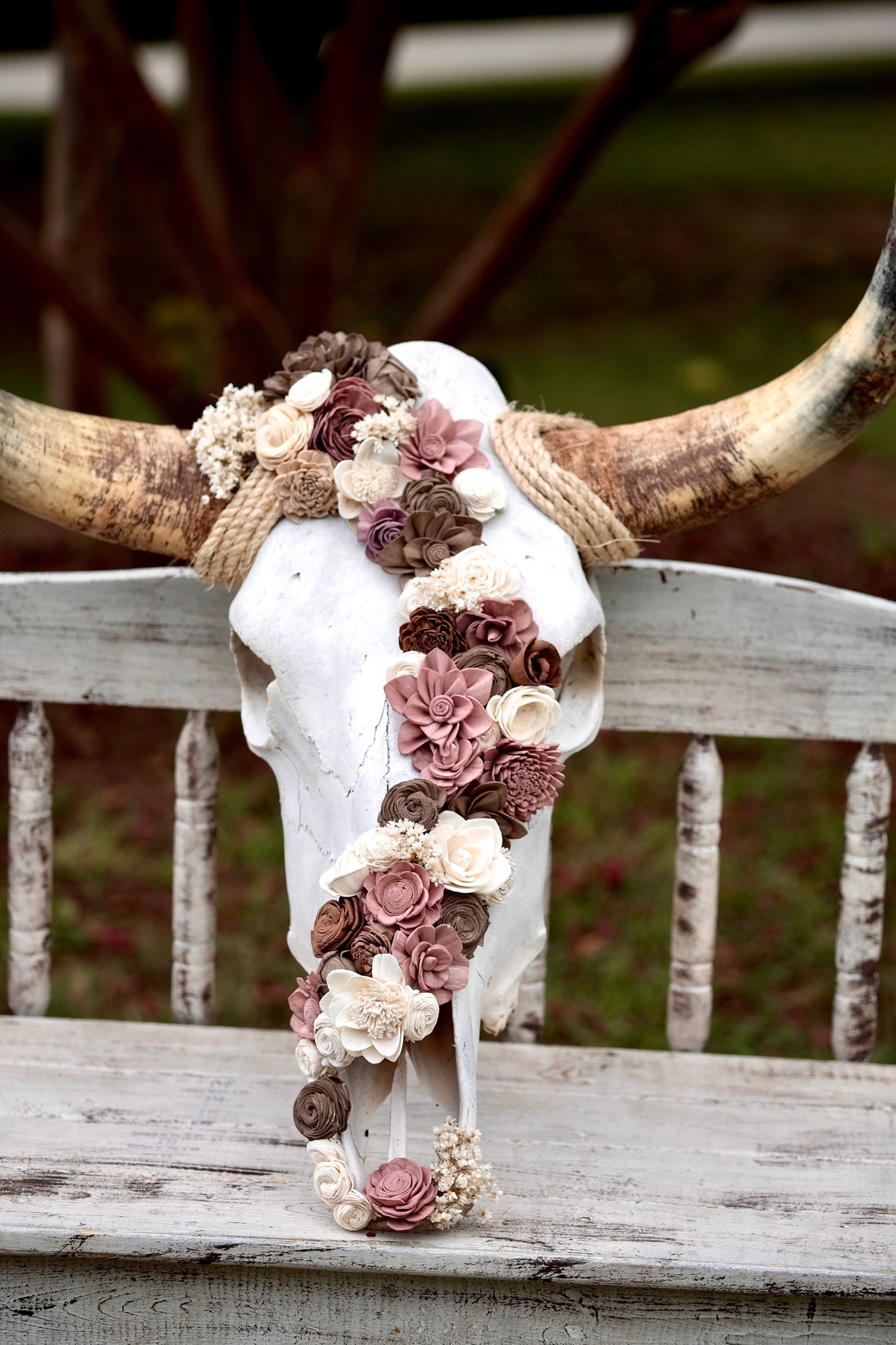 Real Cowhead Skull With Wood Flowers / Real Steer Skull With - Etsy