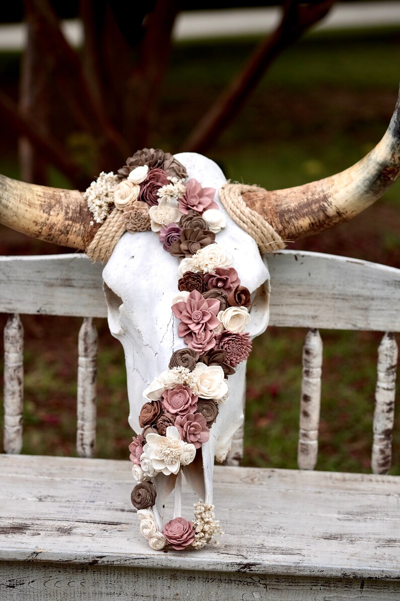 Real Cowhead Skull With Wood Flowers / Real Steer Skull With - Etsy