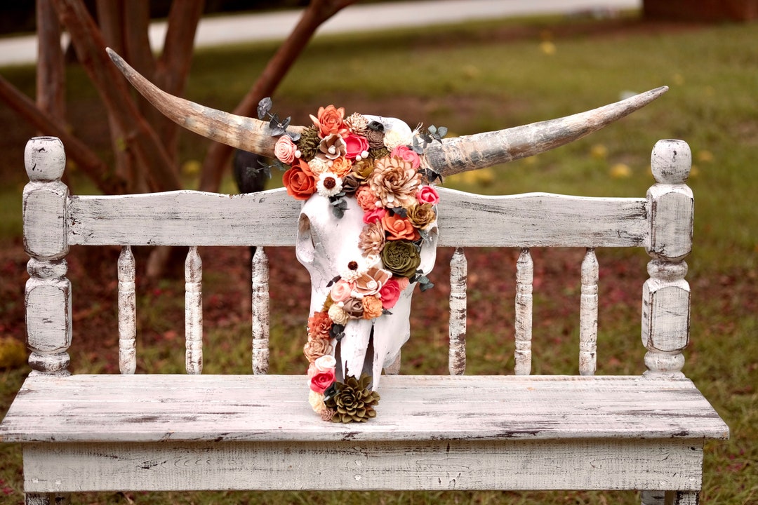 Real Cowhead Skull With Wood Flowers / Real Steer Skull With Flowers ...