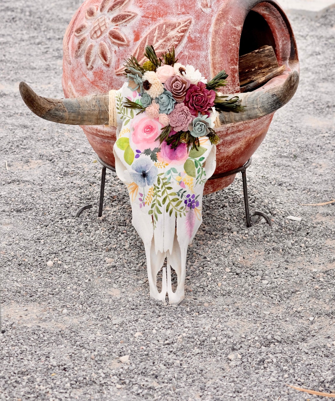 Real Cowhead skull With watercolor art and Wood Flowers / Real | Etsy