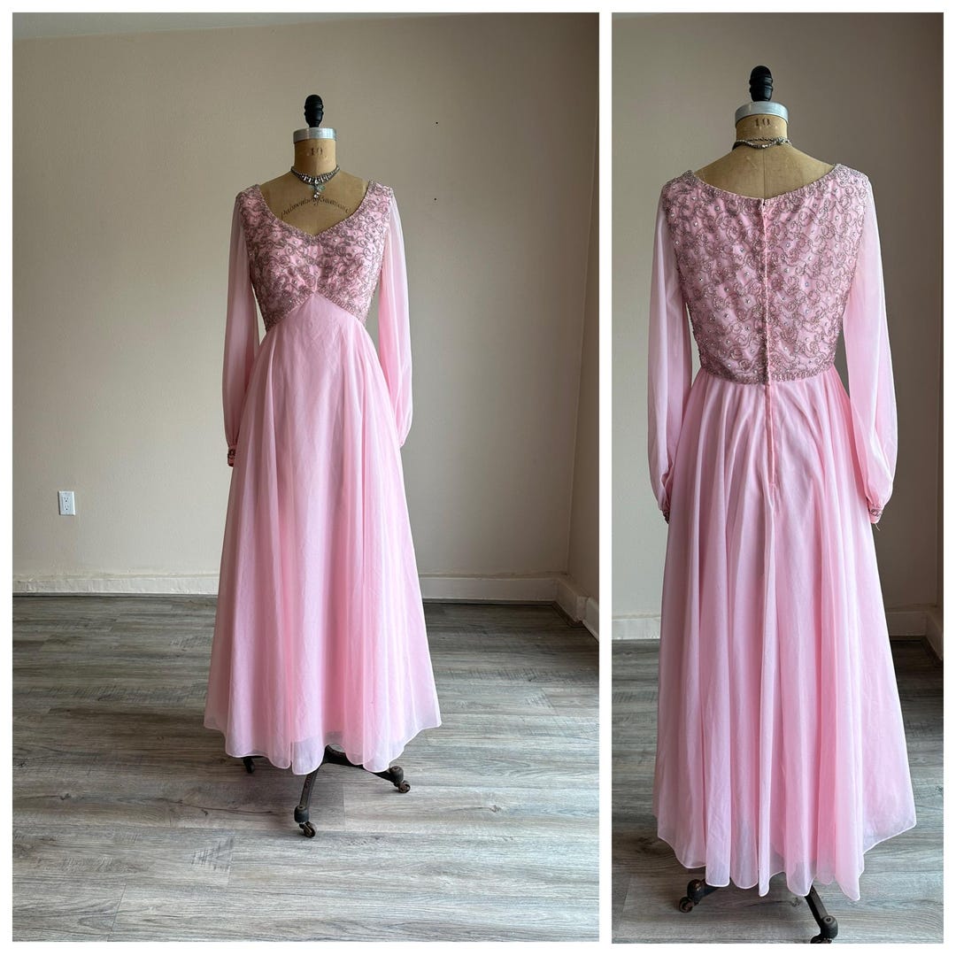Vintage 1970s 70s Mike Benet Formals Pink Chiffon Gown With Lantern ...