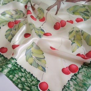 Hand Painted Silk Scarf Red Cherry Head Scarf Silk Women Birthday Gift ...