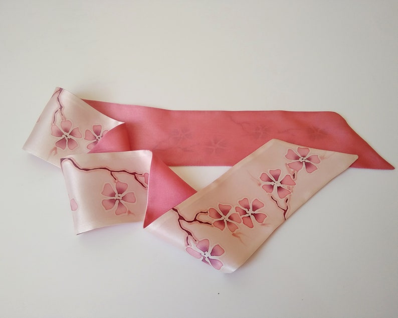 Sakura Skinny Handpainted Scarf Silk Neck Scarf Mini Scarves | Etsy