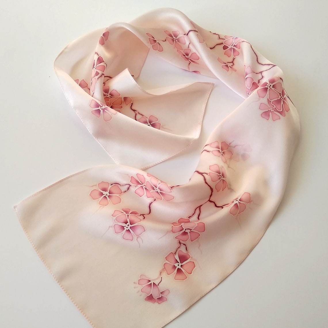 Hand Painted Skinny Silk Neck Scarf Sakura Pink Small Scarf - Etsy