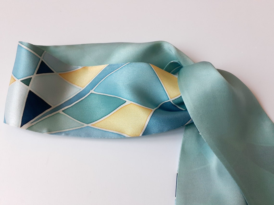 Silk skinny scarf blue and yelow Short neck scarf Headband | Etsy