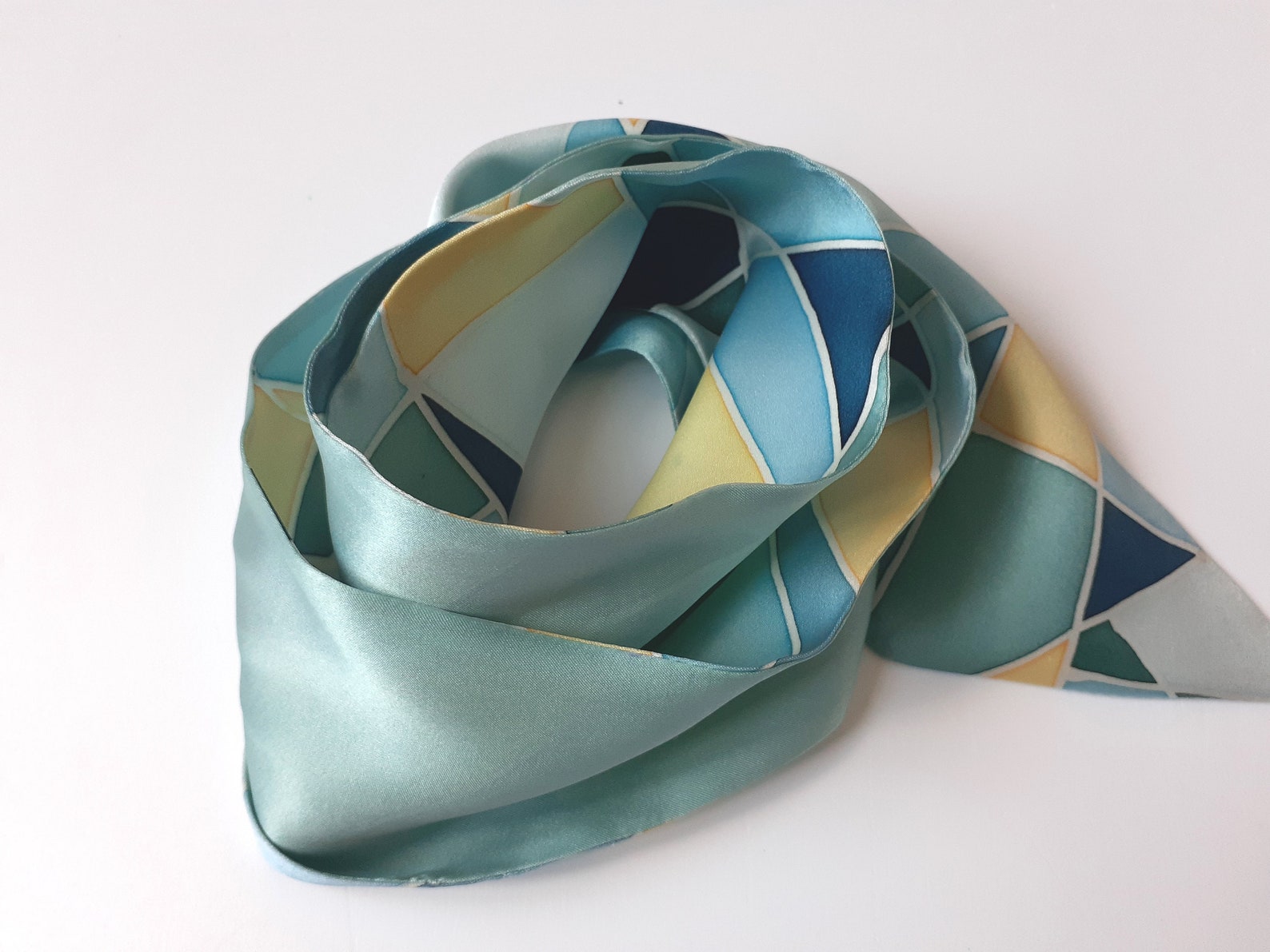 Silk skinny scarf blue and yelow Short neck scarf Headband | Etsy