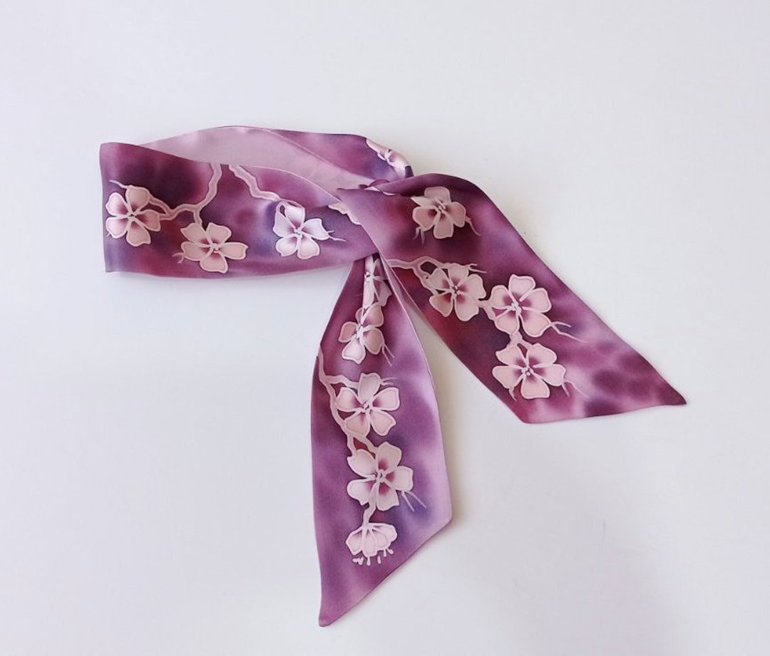 Skinny Hand-painted Scarf Sakura, Mini Scarves Size 2.5 Inches 36 ...