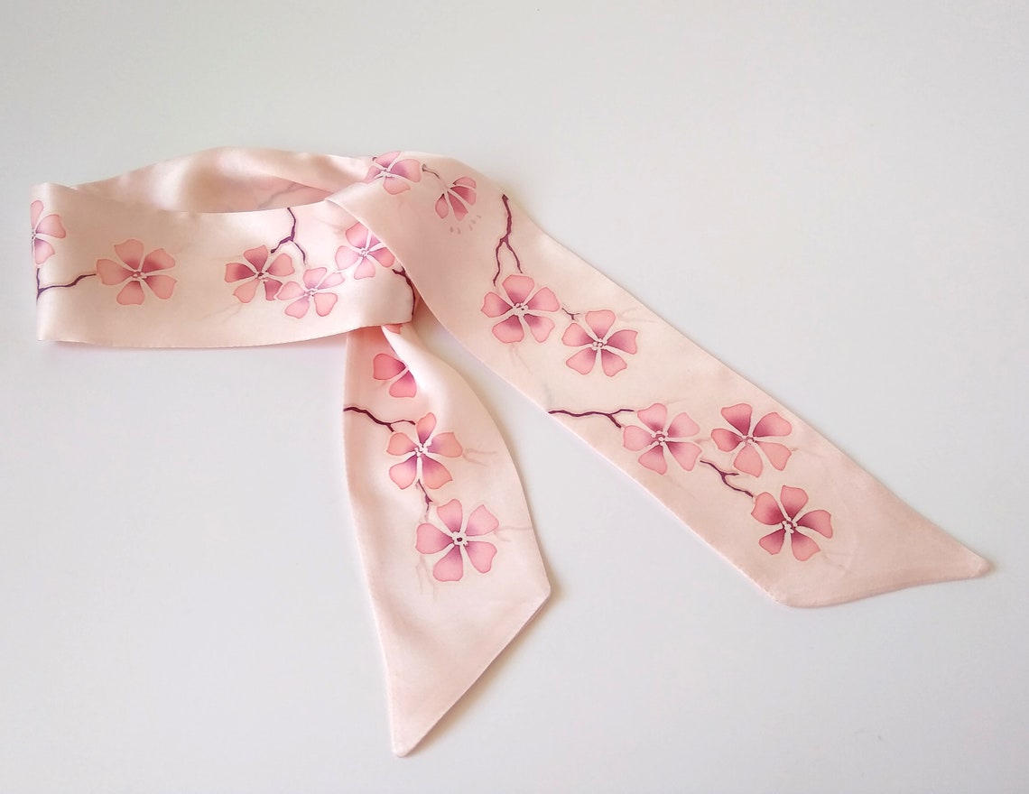 Skinny Handpainted Scarf Sakura Silk Neck Scarf Mini Scarves - Etsy