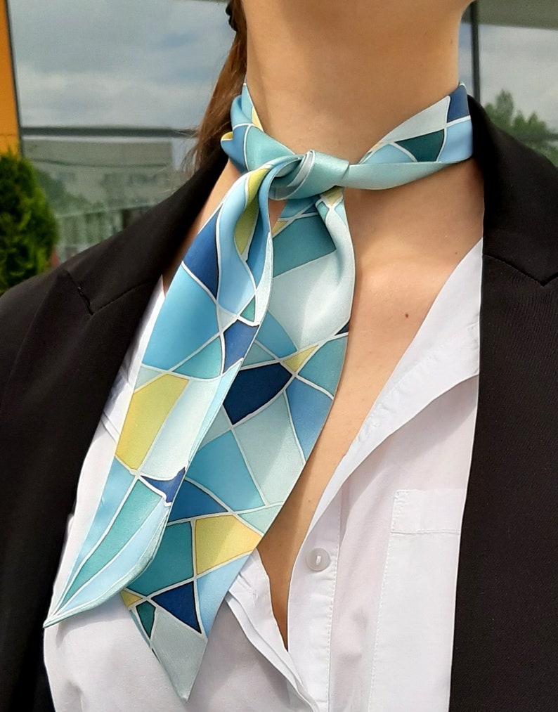 Silk Skinny Scarf Blue and Yelow Short Neck Scarf Headband - Etsy