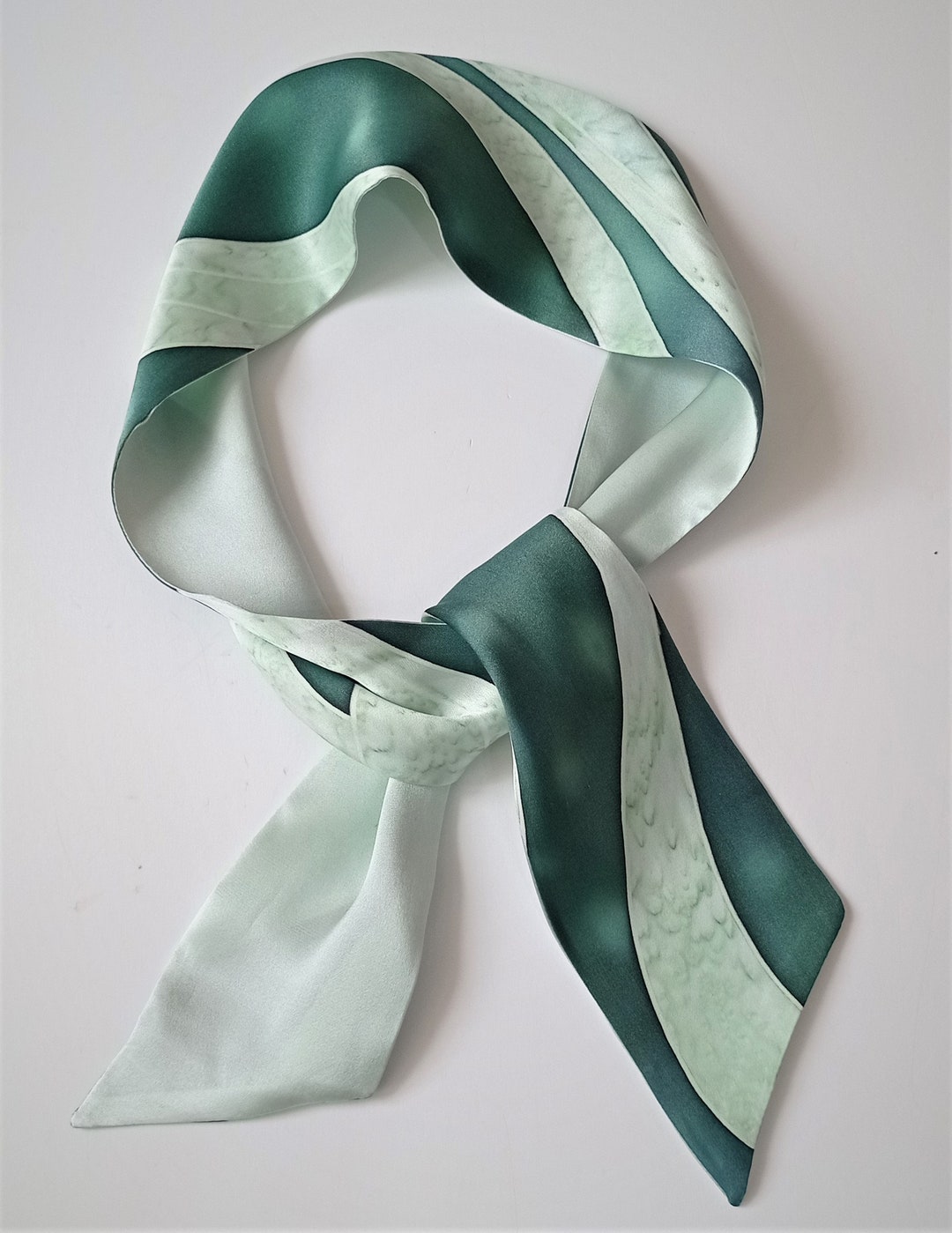 Green Skinny Handpainted Scarf, Wrist Scarf, Short Neck Scarf, Handmade ...