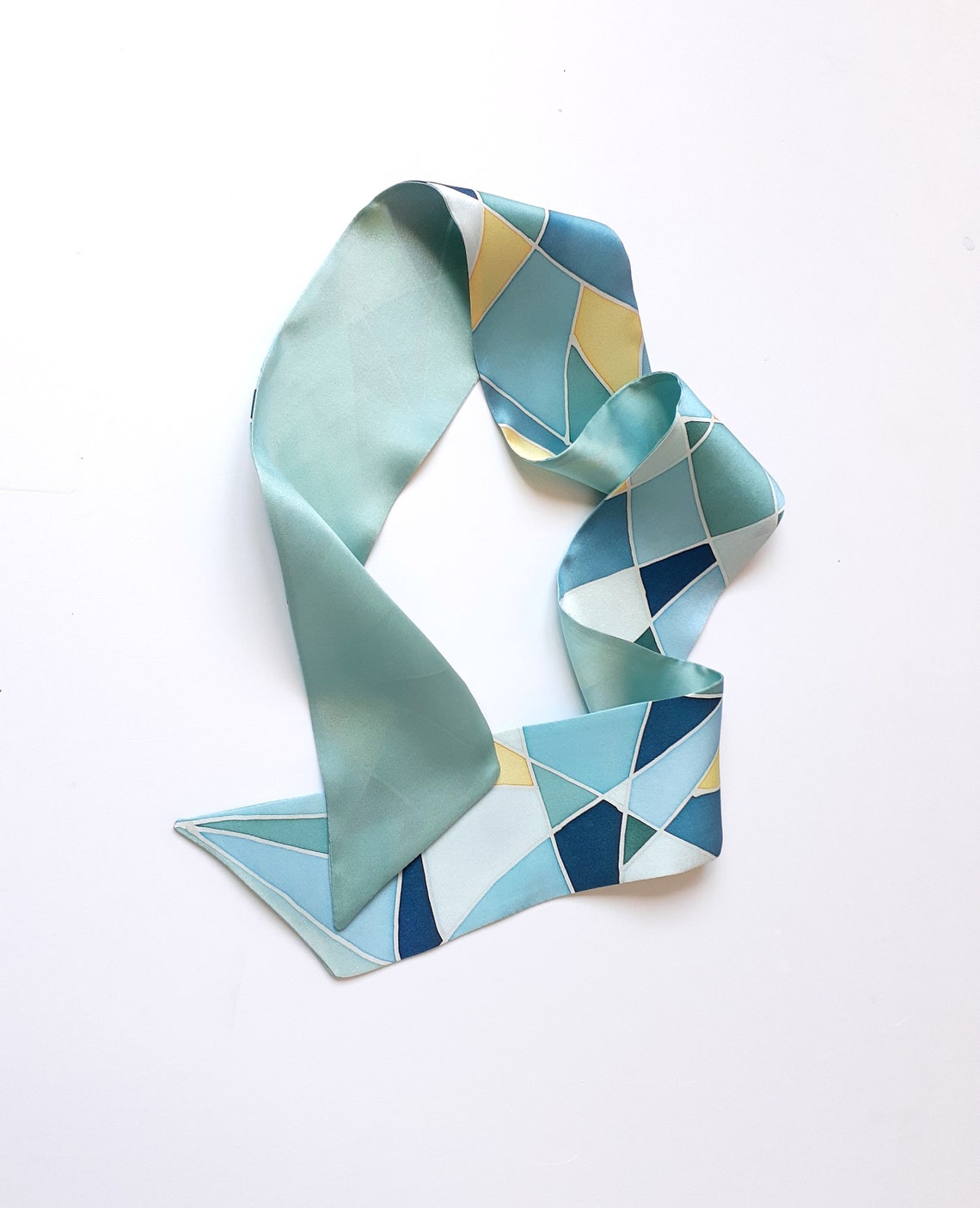 Silk skinny scarf blue and yelow Short neck scarf Headband | Etsy