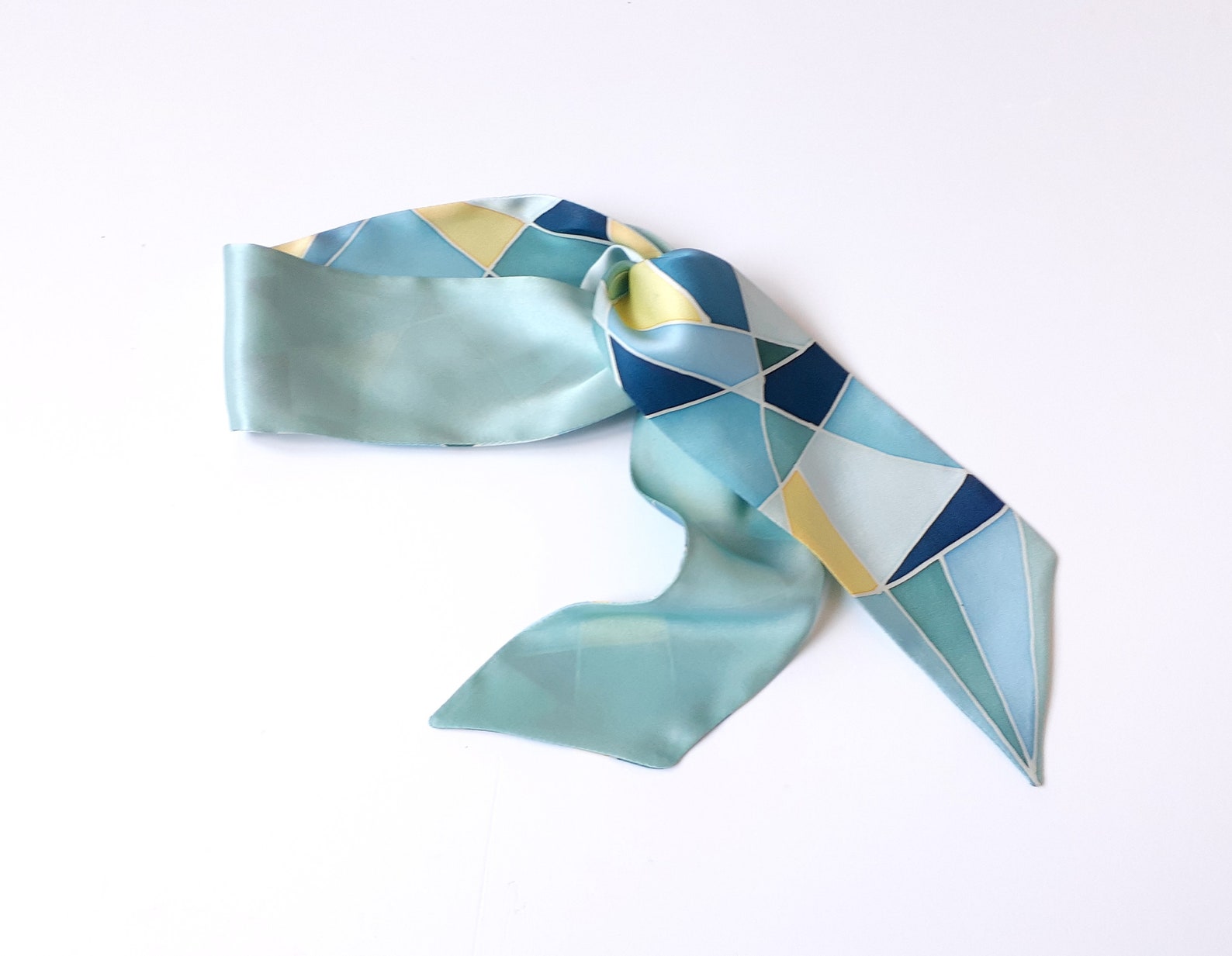 Silk skinny scarf blue and yelow Short neck scarf Headband | Etsy