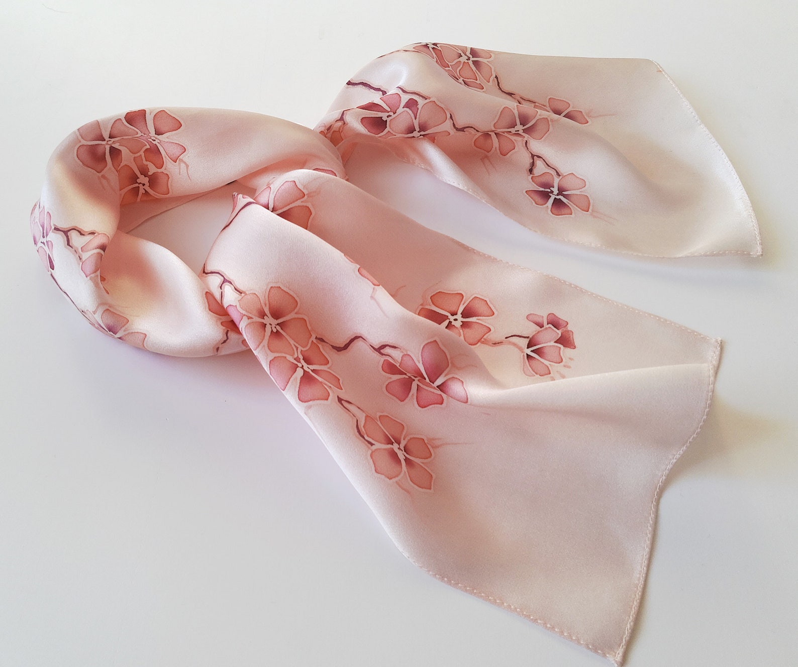 Hand Painted Skinny Silk Neck Scarf Sakura Pink Small Scarf - Etsy