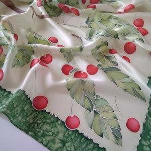 Hand Painted Silk Scarf Red Cherry Head Scarf Silk Women Birthday Gift ...