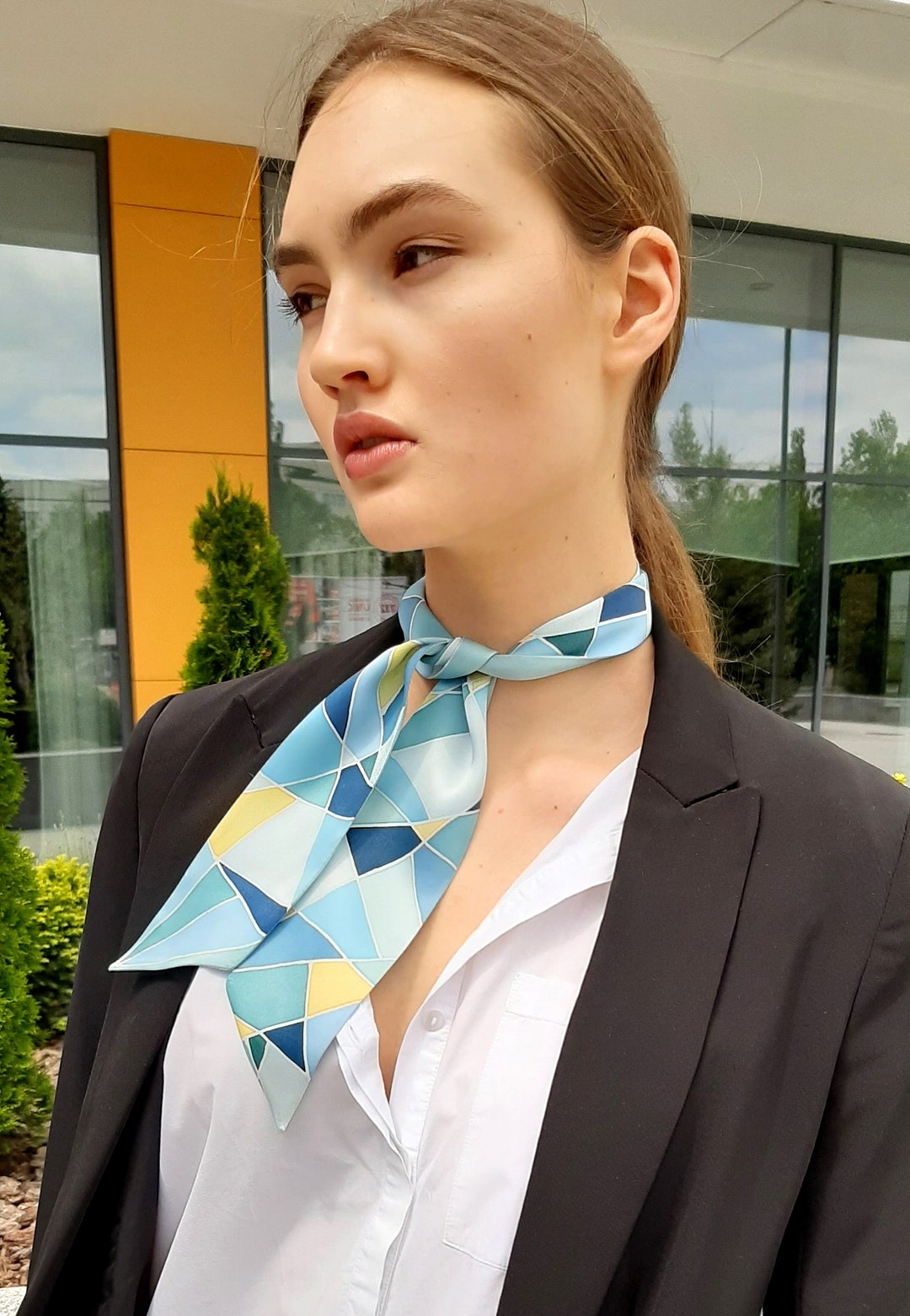 Silk Skinny Scarf Blue and Yelow Short Neck Scarf Headband - Etsy