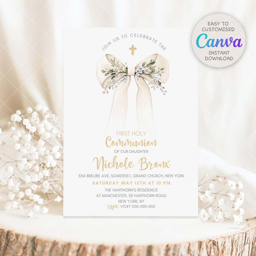 Gold Bow First Holy Communion Invitation Template, Watercolor Floral ...