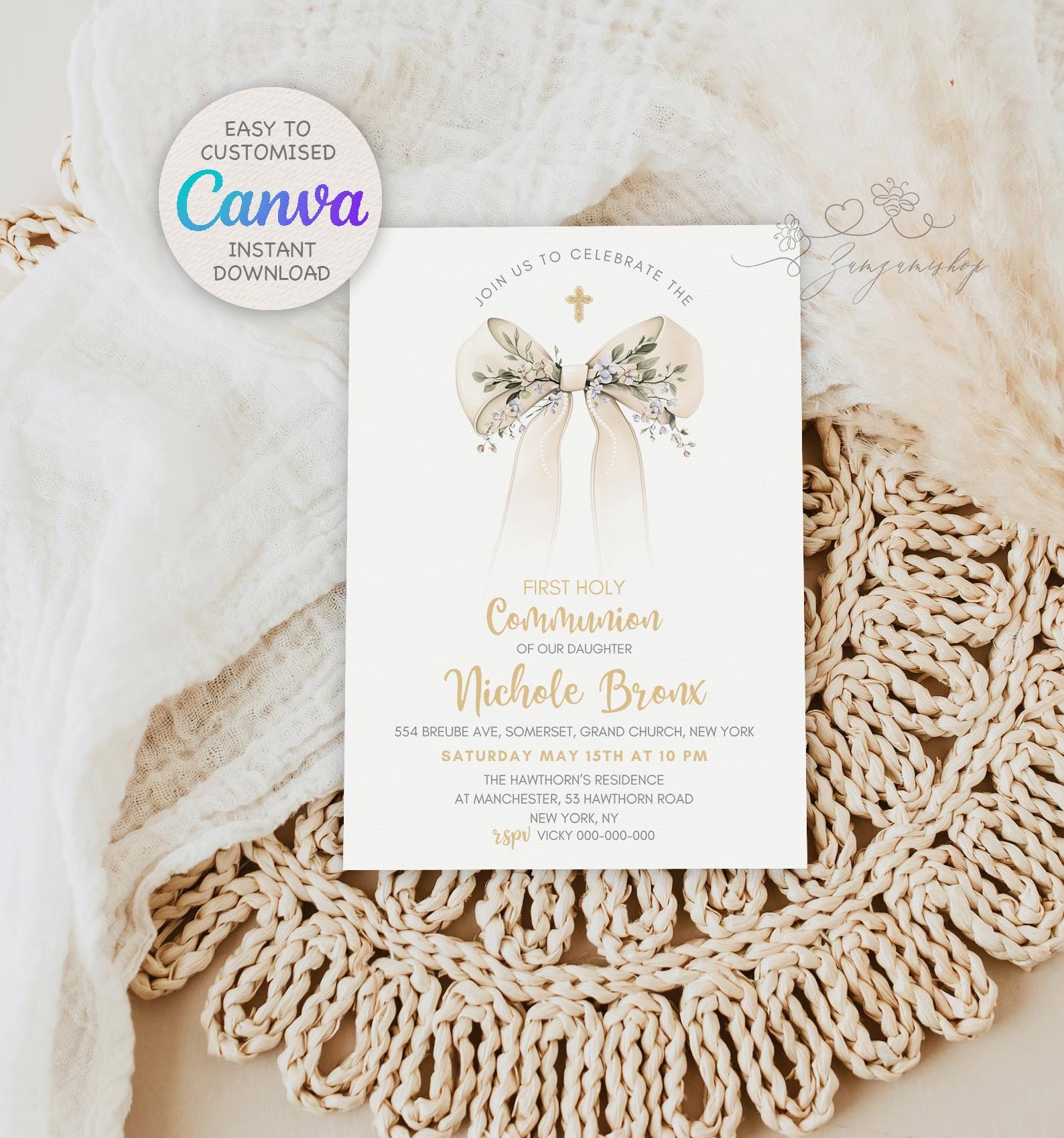 Gold Bow First Holy Communion Invitation Template, Watercolor Floral ...