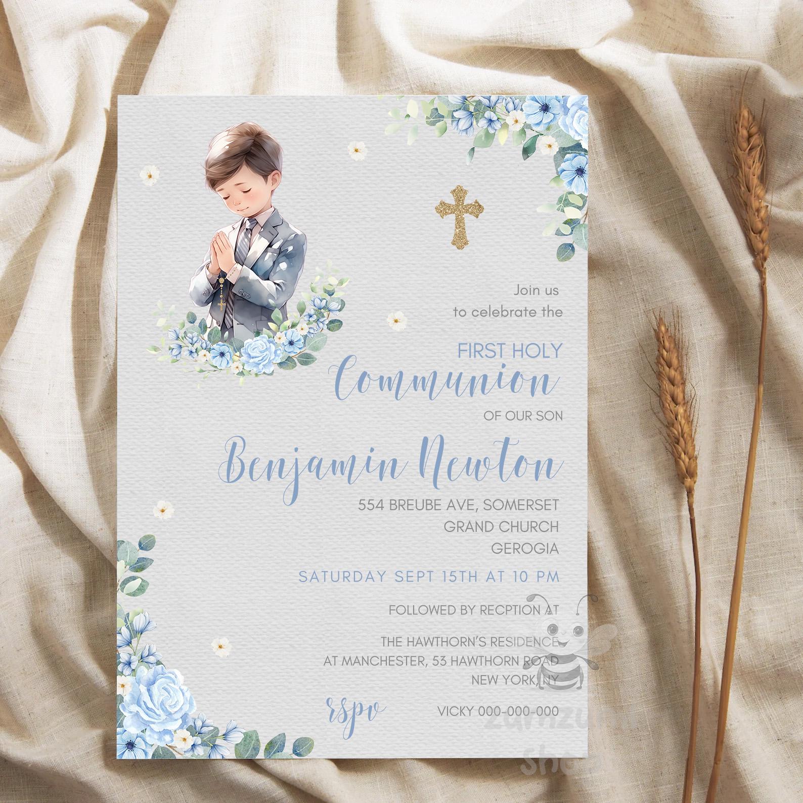 Boys First Communion Invitation Template, Pink Wildflower First ...