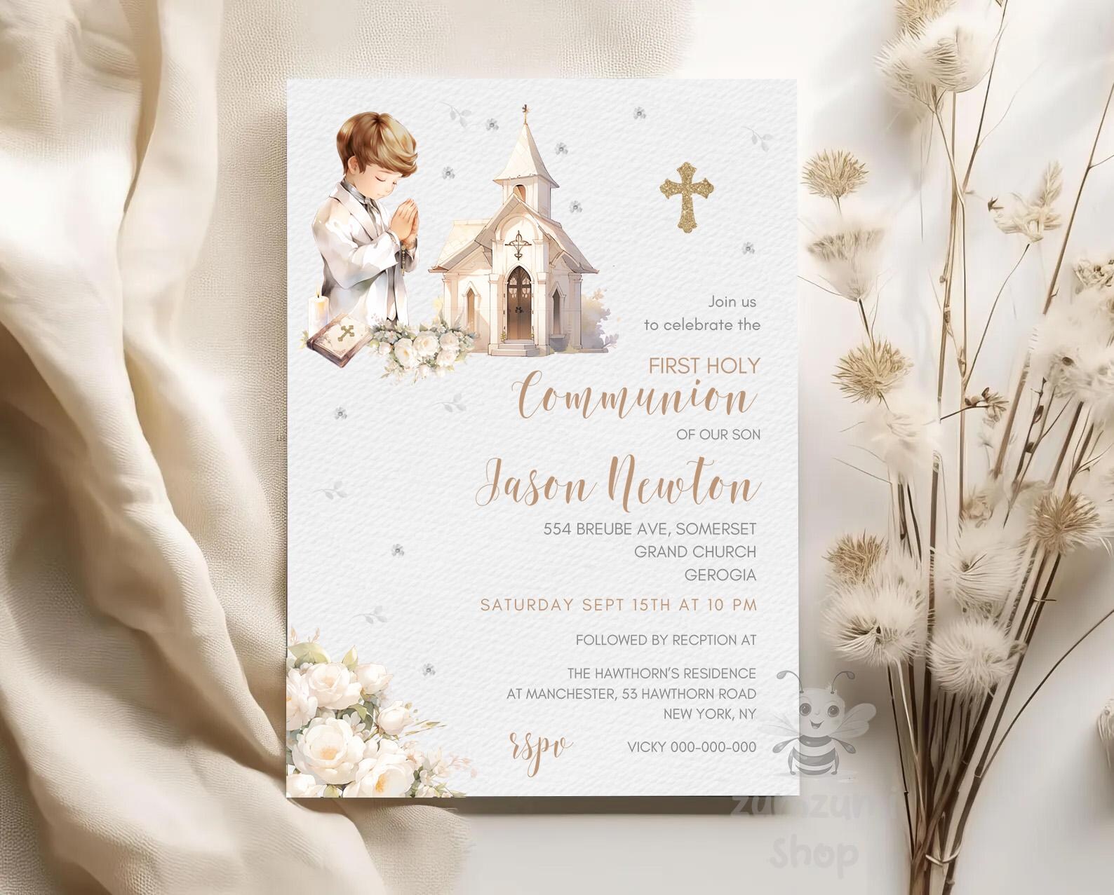 Boys First Communion Invitation Template, Pink Wildflower First ...