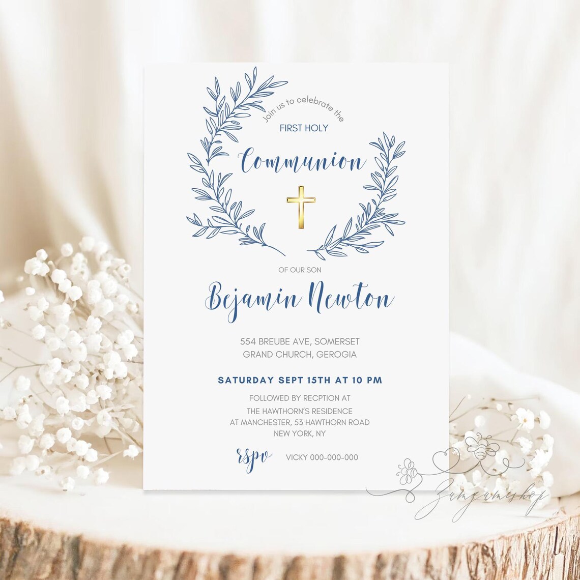 Blue Boys First Communion Invitation Editable Template, Editable Modern ...