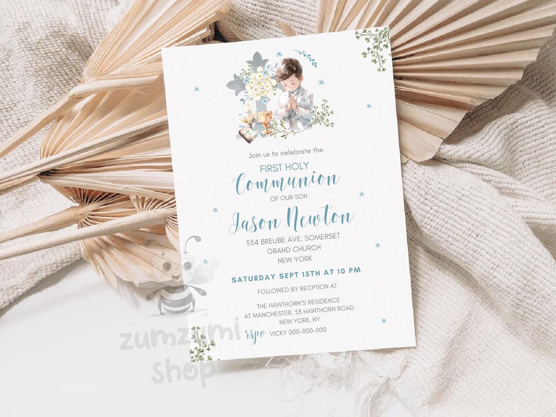 Boys First Communion Invitation Template, Eucalyptus First Communion ...
