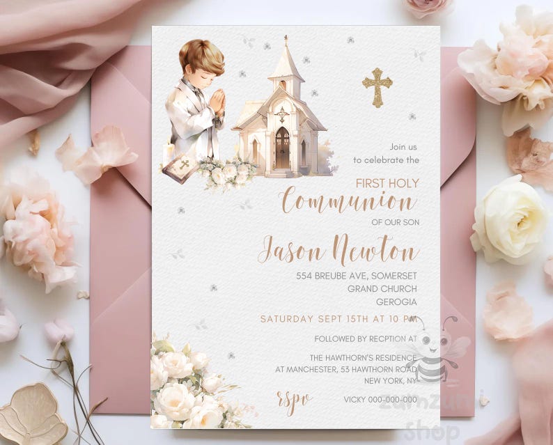 Boys First Communion Invitation Template, Pink Wildflower First ...