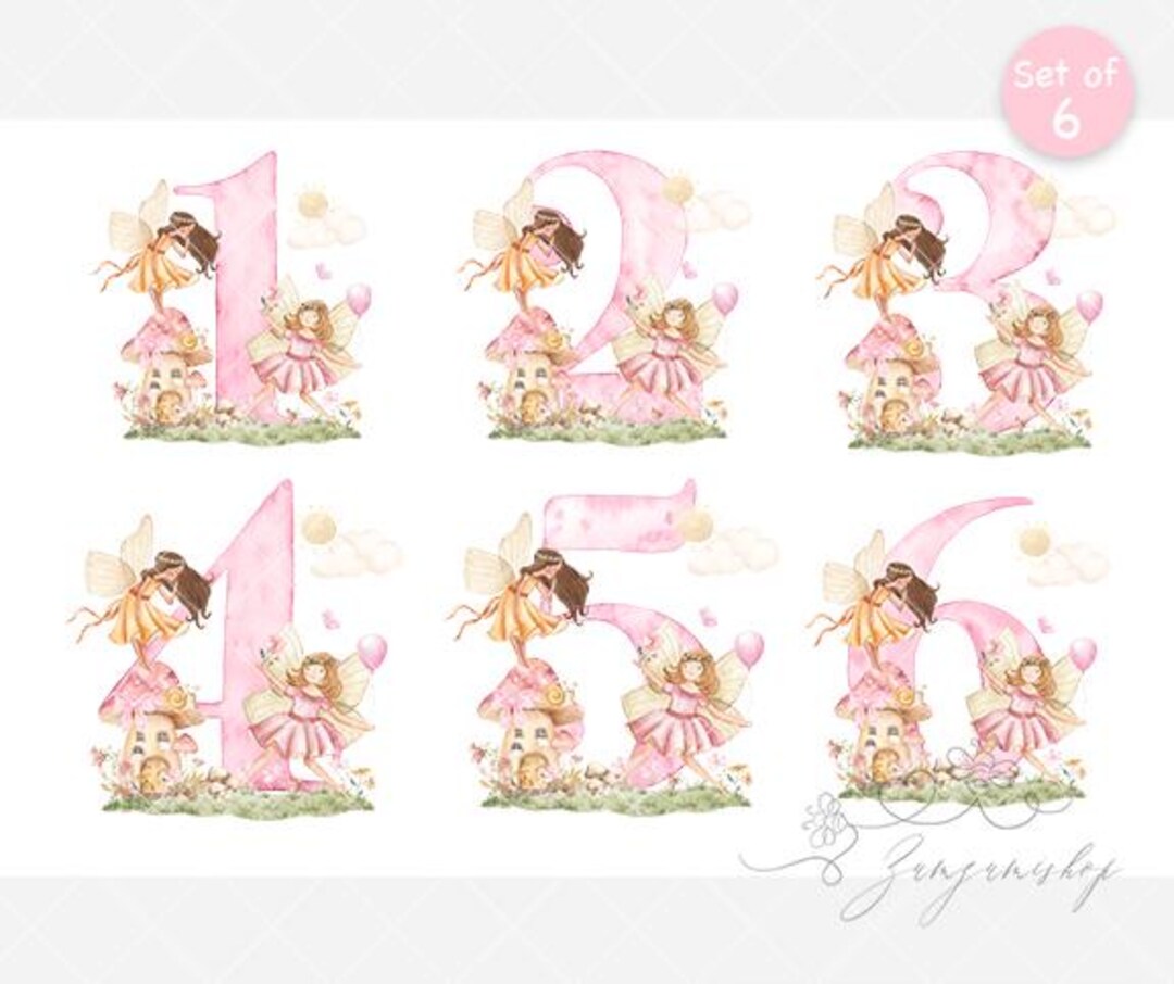 Watercolor Pink Fairy Toadstool Numbers 1-6 PNG, One Fairies ...