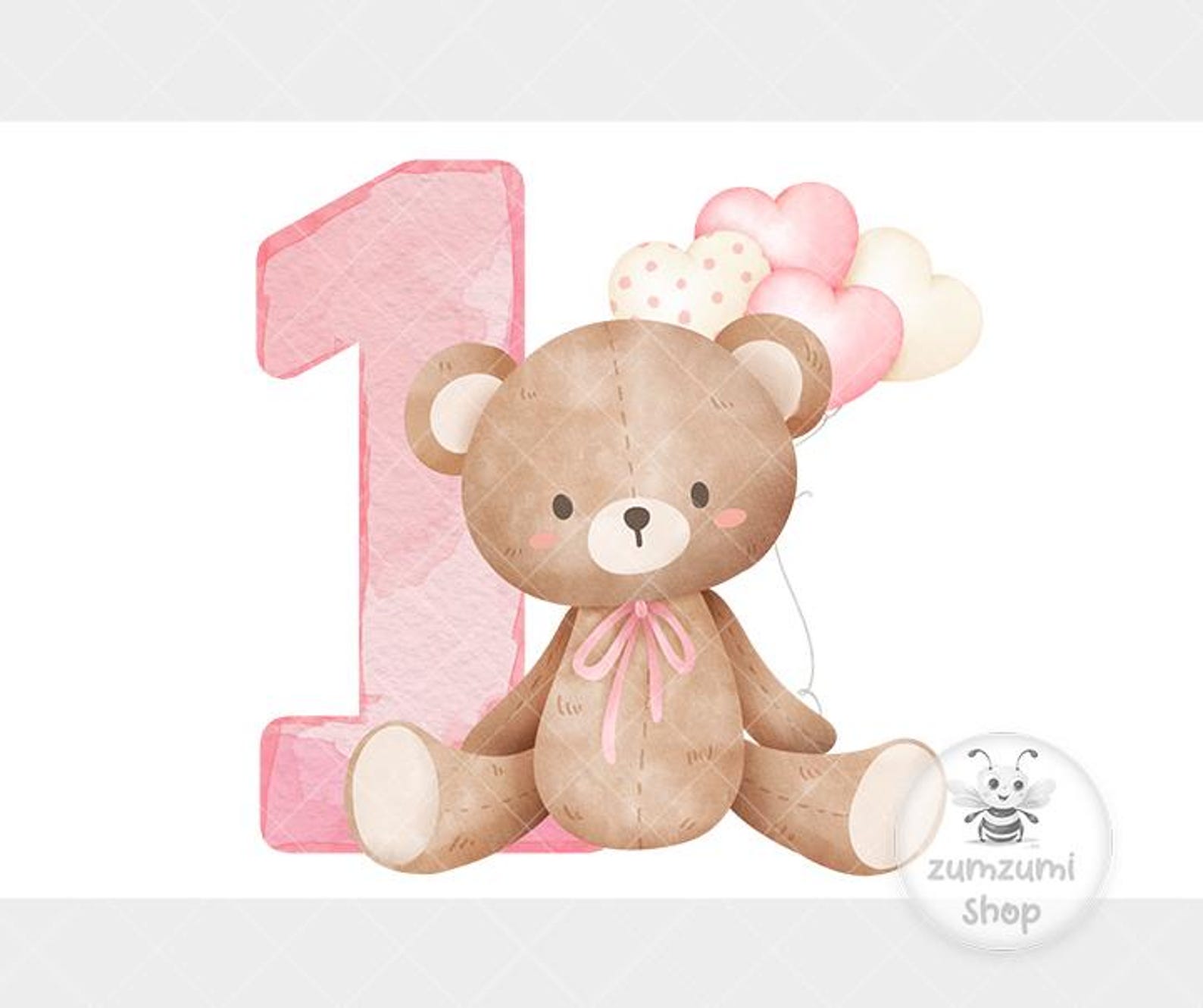 Teddy Bear Pink Balloons 1st Birthday PNG, First Birthday Sublimation ...