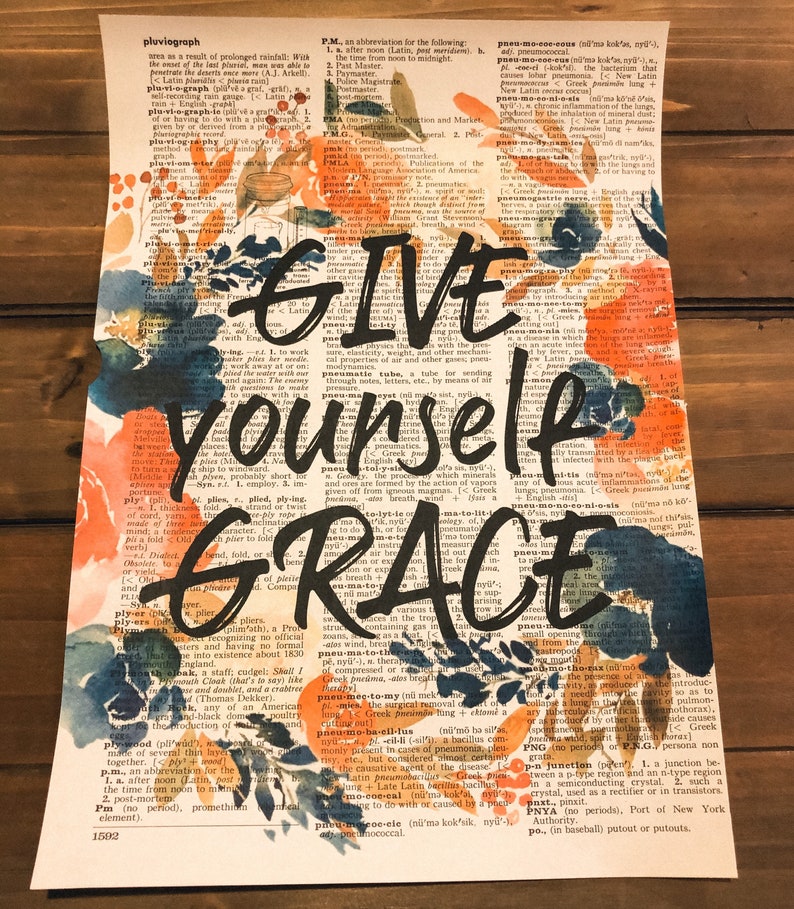 Give Yourself Grace quote Vintage Dictionary Print Floral | Etsy