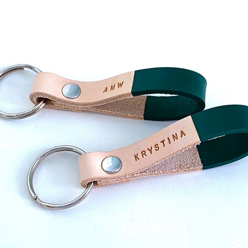 Custom Dark Green Leather Keychain Personalized Leather | Etsy