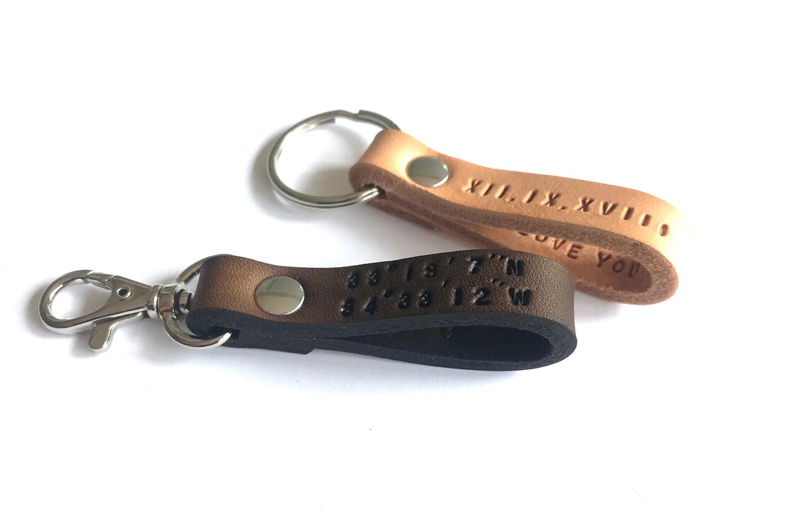 Mini Personalized Leather Keychain: Custom Coordinates, Date, Monogram ...