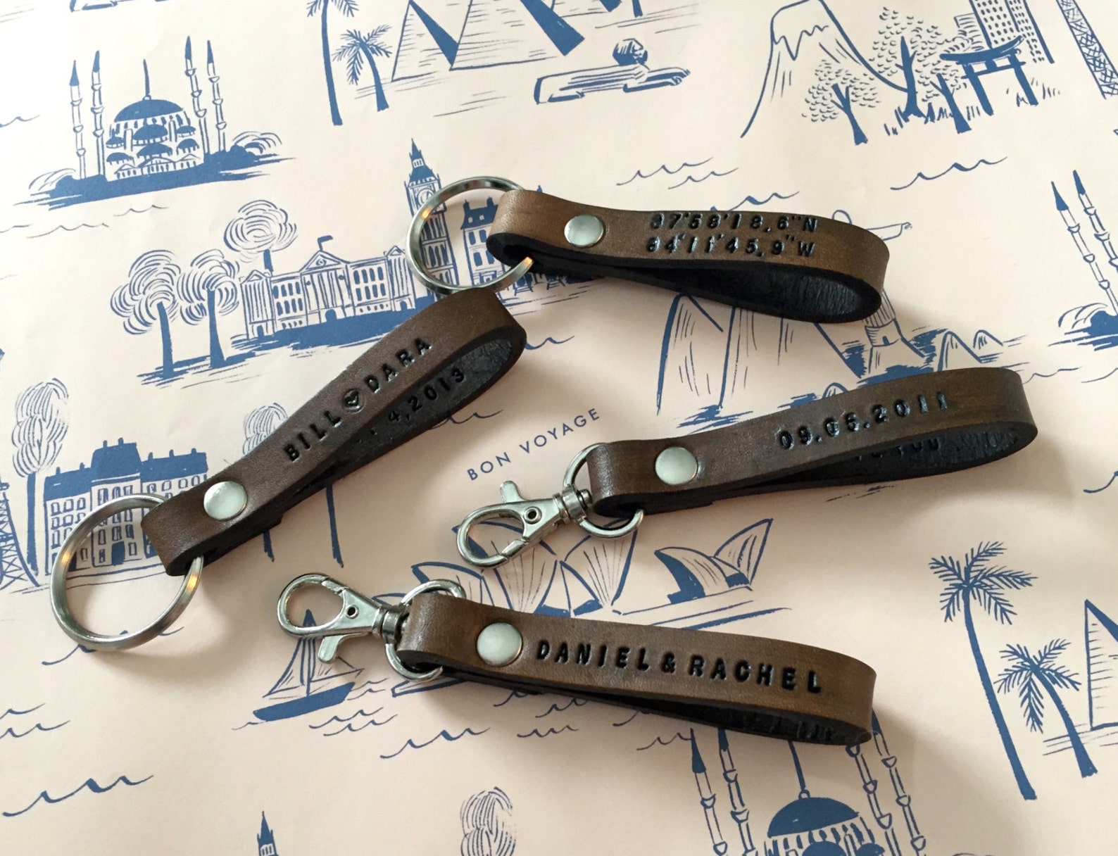 Custom Leather Keychain, Personalized Leather, Coordinates Key Ring ...