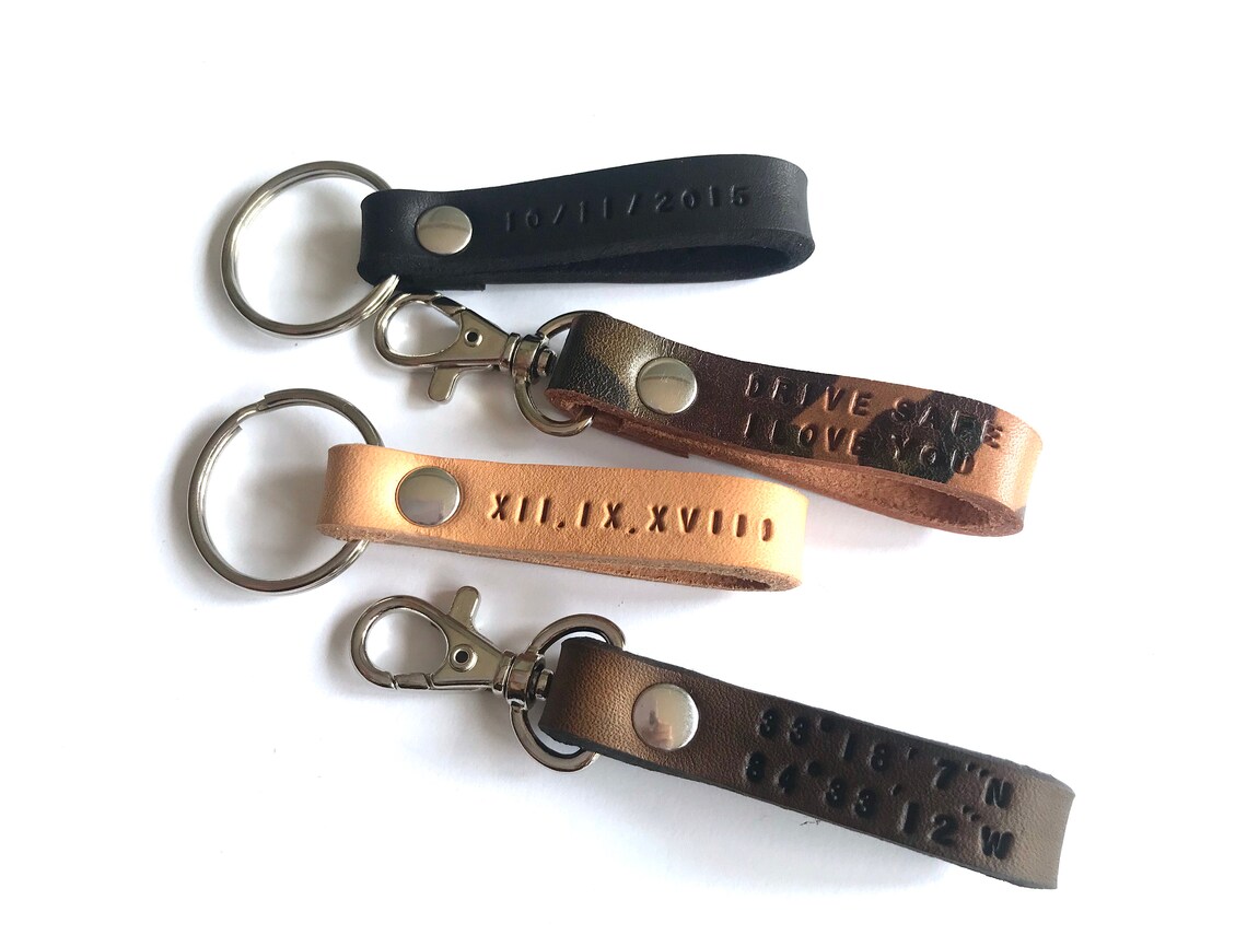 Mini Personalized Leather Keychain: Custom Coordinates, Date, Monogram ...