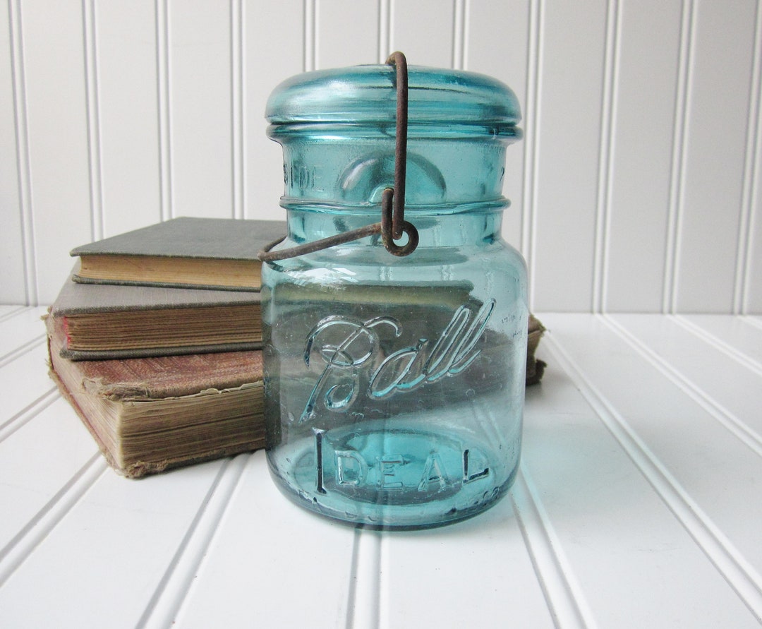 Vintage Blue Ball Ideal Mason Jar With Wire Bail and Glass Lid Pint ...
