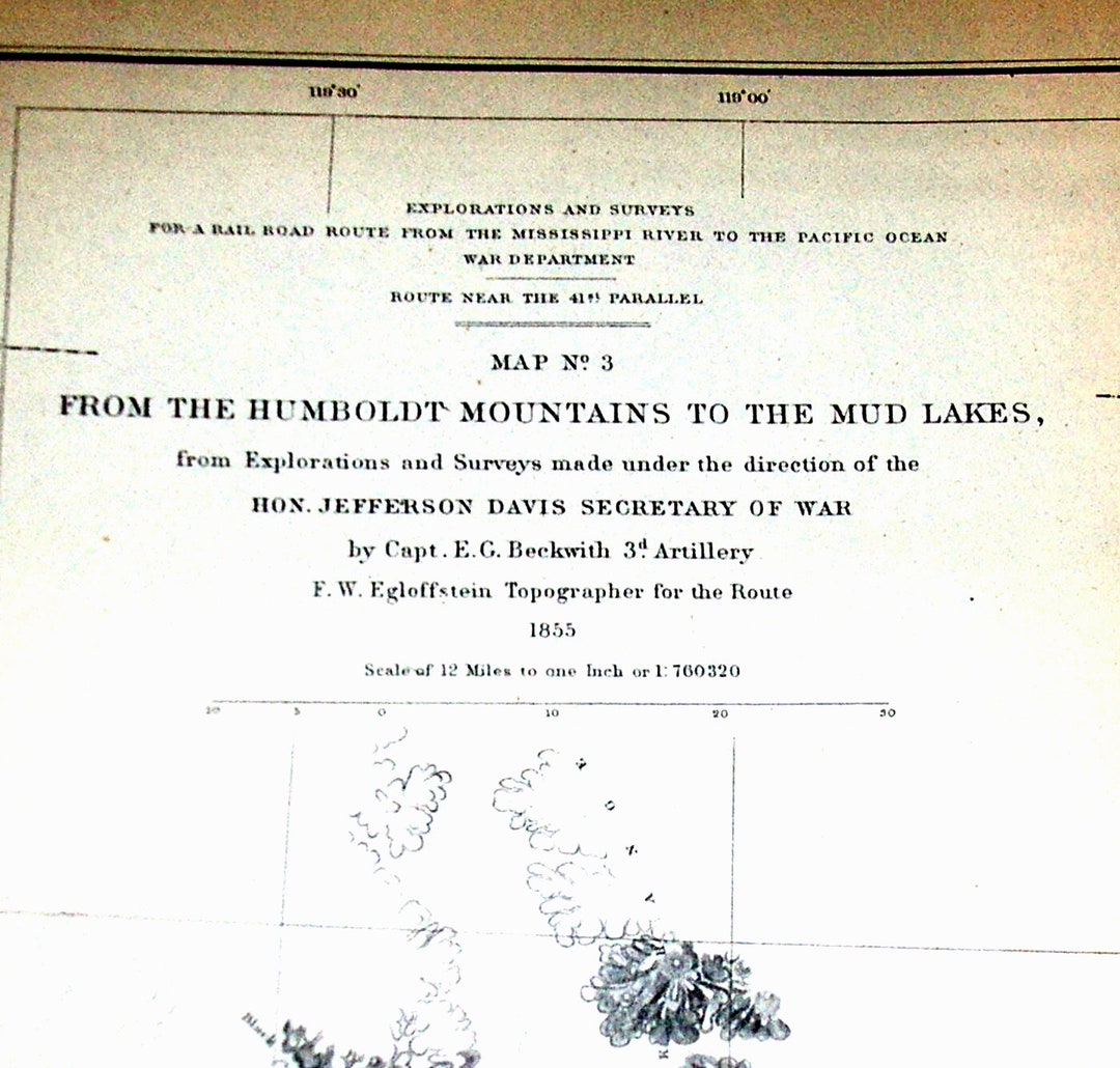 Rare 1855 Jeff Davis Map of Humboldt Mountains to Mud Lakes, RR Routes ...