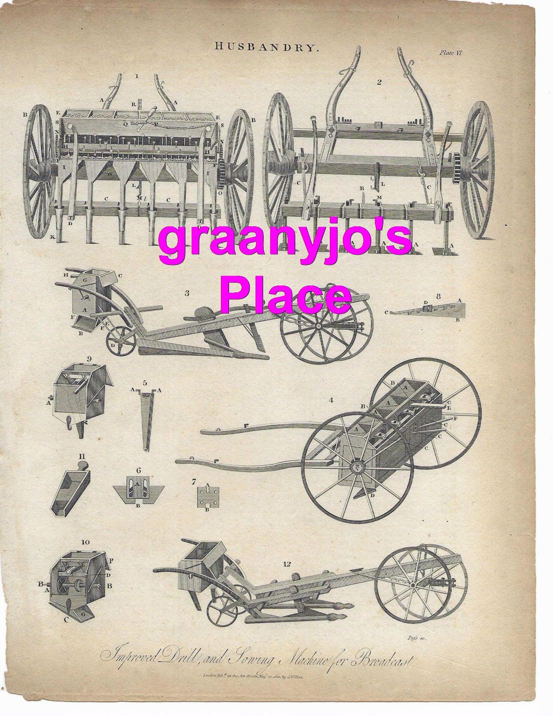 1810 Copperplate Engraving ,of Broadcast Machines, Drills by J. Wilkes ...