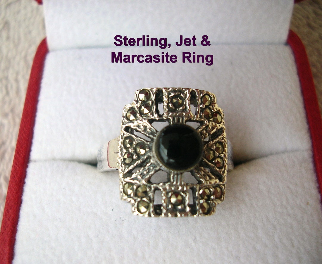 Sterling, Jet & Marcasite Square Ring 4. 9 Gr. Size 8 1/4 New Old Stock ...