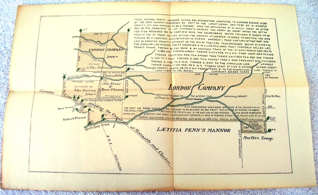 1736 Thomas Fairman MAP of Laetitia Penn's Mannor Penna. 1894 Reprint ...