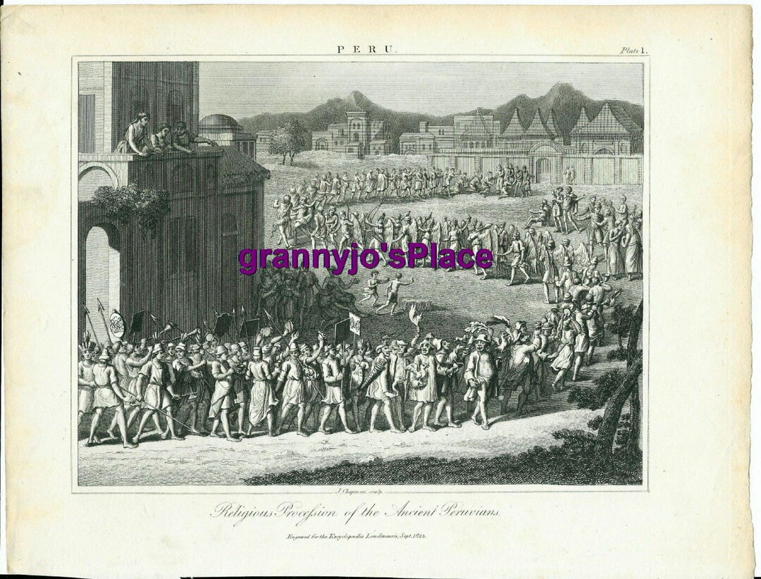 1823 Copperplate Engraving of Ancient Peruvians Religious Procession ...