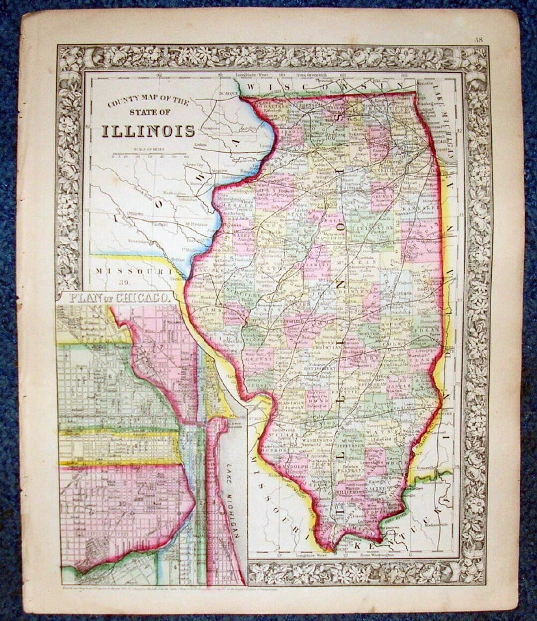 Original 1860 Mitchell Map of ILLINOIS & Plan OF CHICAGO Insert - Etsy