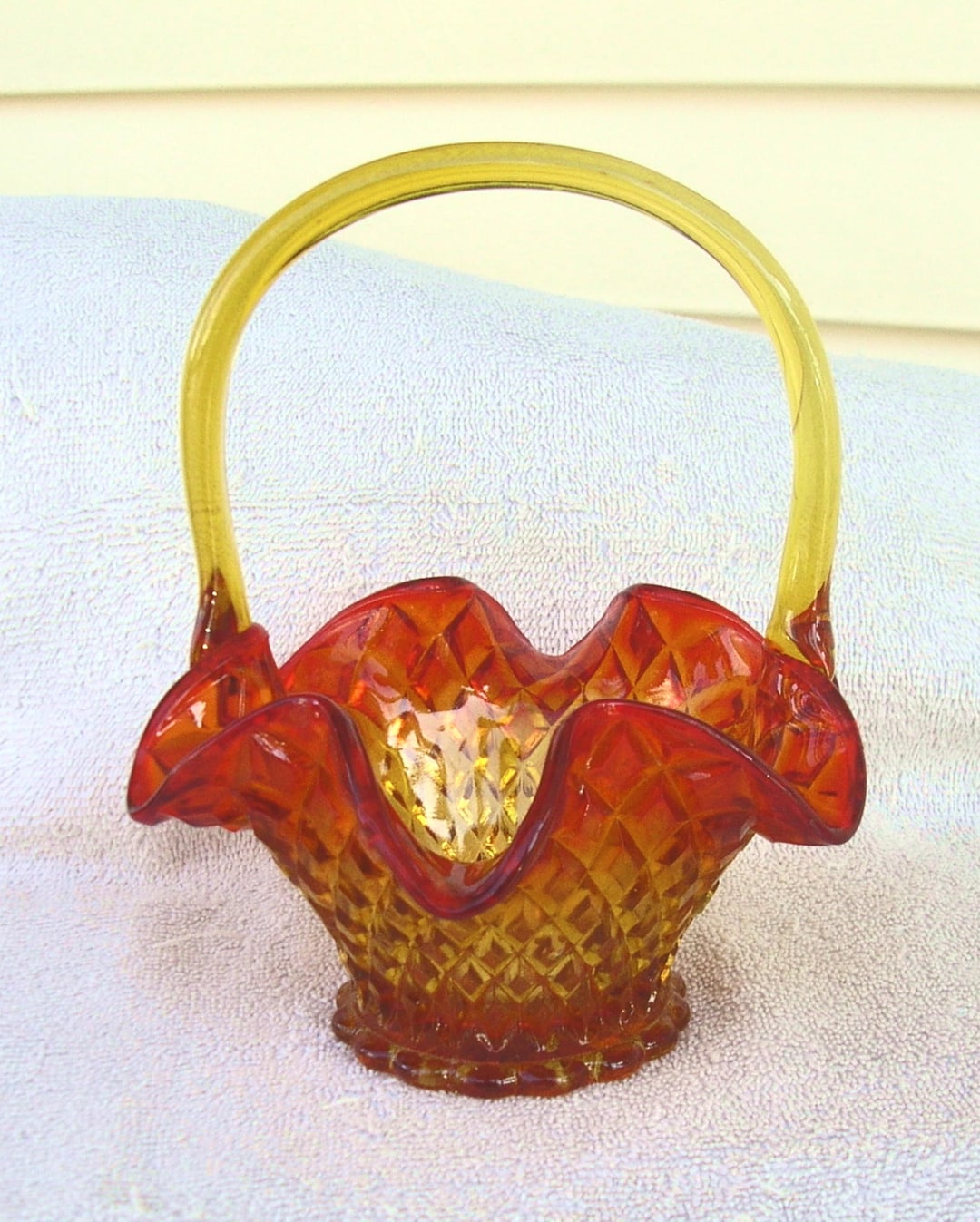 Vintage HAND BLOWN Amberina Basket, Ruffled Diamond Point, Fenton? - Etsy