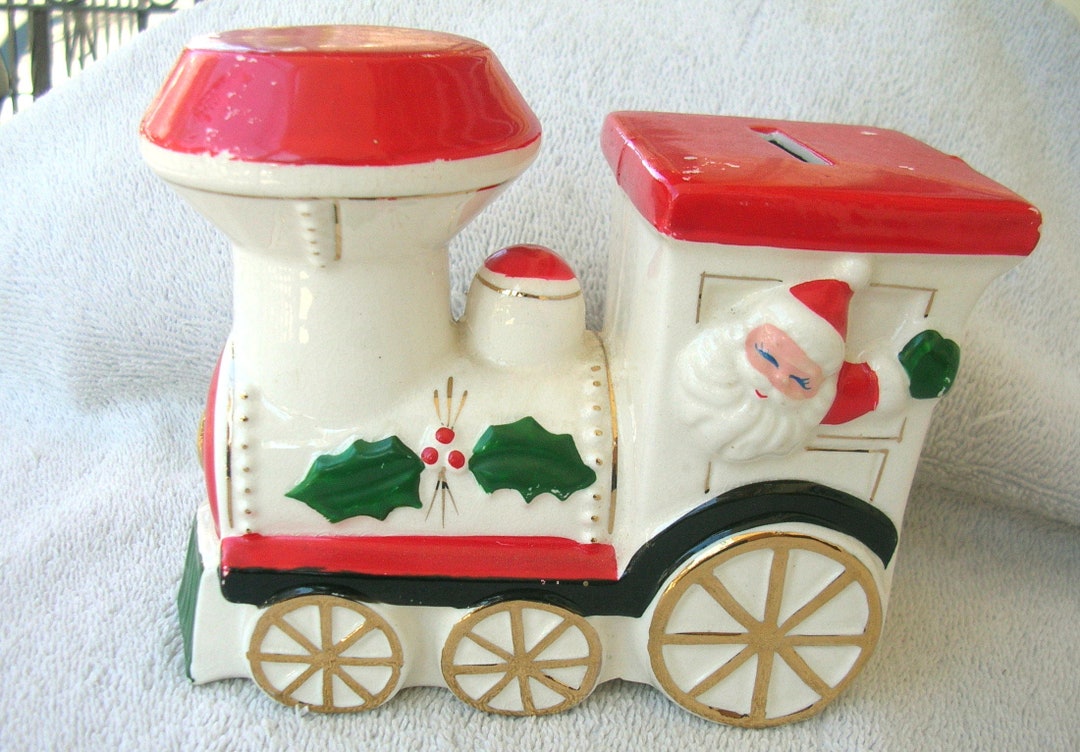 1950's Santa Hand Painted Ceramic Train Bank, Christmas Figurines Elf ...