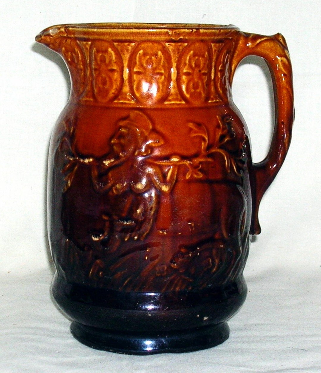 19th Century Bennington Rockingham Water Pitcher 8 1/2" Embossed Farmer ...