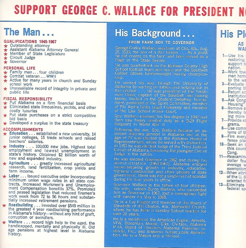 6 Original 1968 GEORGE WALLACE for President Campaign Brochure, Unused ...