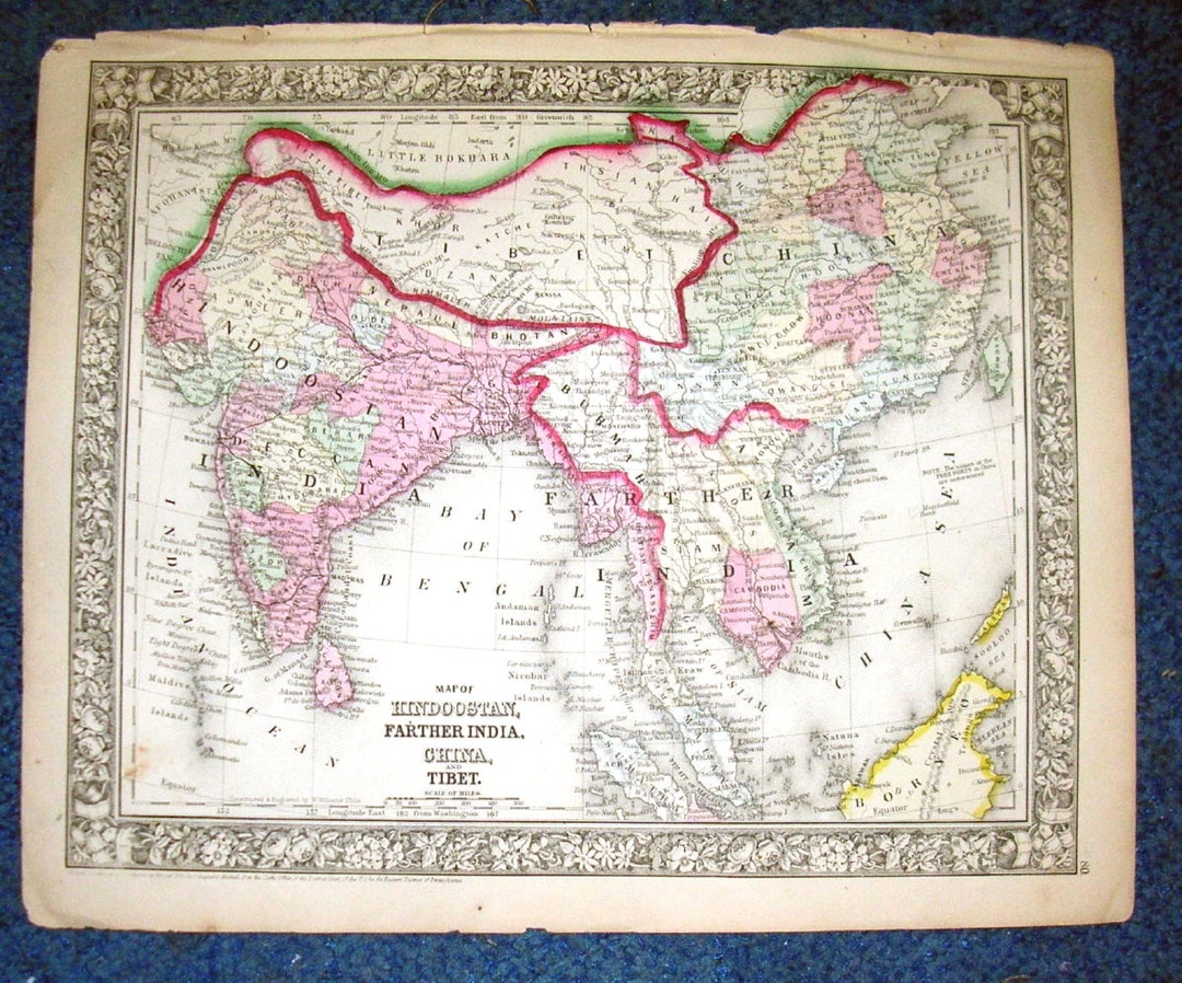 Origial 1860 Mitchell Map of Hindoostan Farther India, China Tibet 12.5 ...