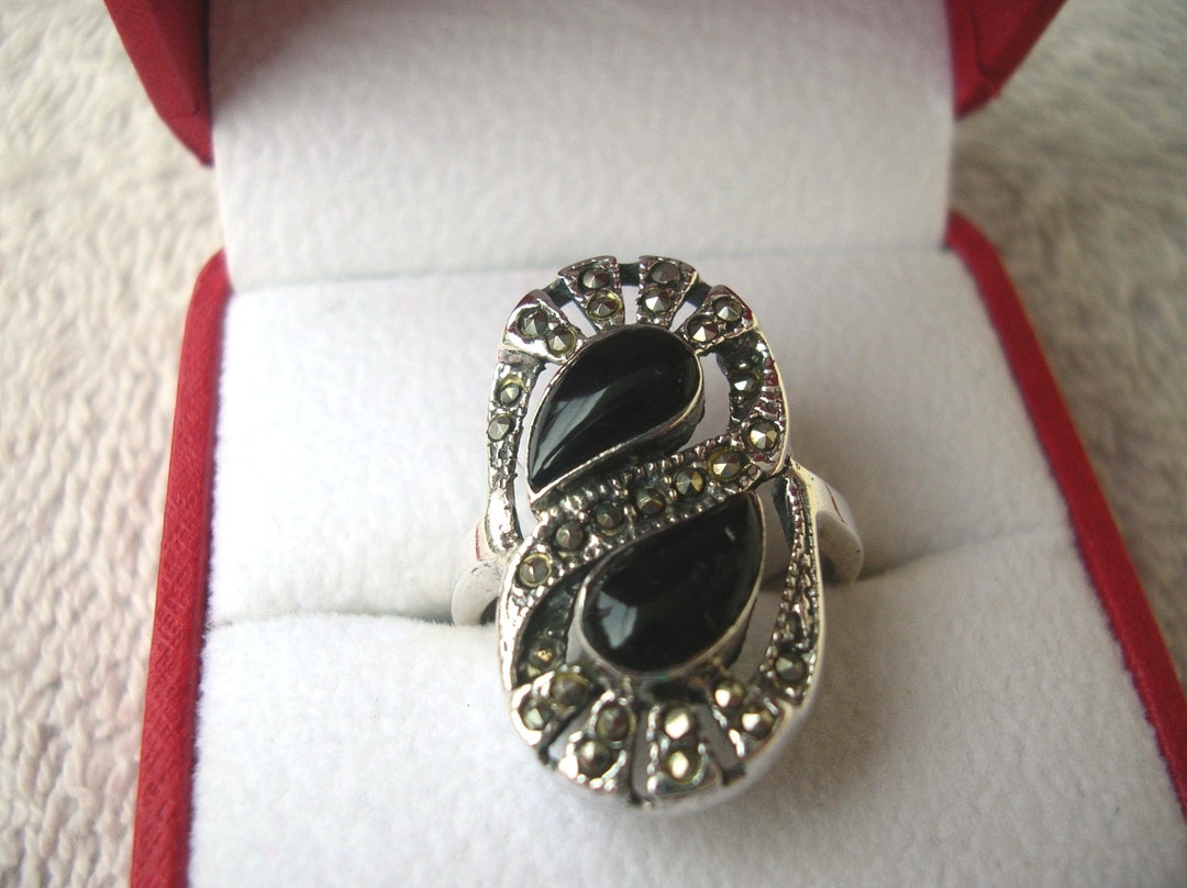 Ladies Sterling, Jet & Marcasite Ring 5.1 Gr. Size 6 1/2 New Old Stock ...